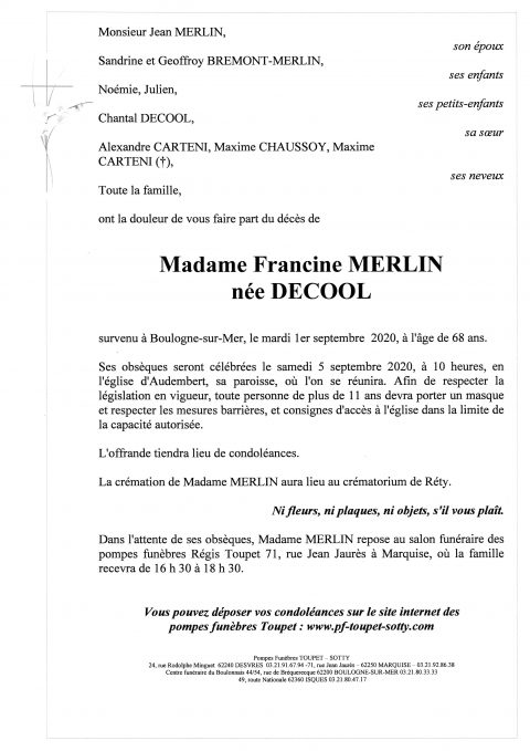 Madame Francine MERLIN - Pompes Funèbres Toupet-Sotty