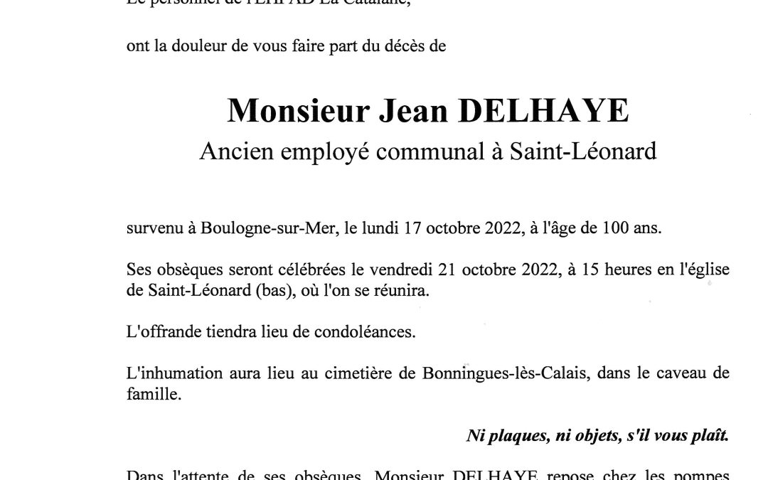 Monsieur Jean DELHAYE - Pompes Funèbres Toupet-Sotty