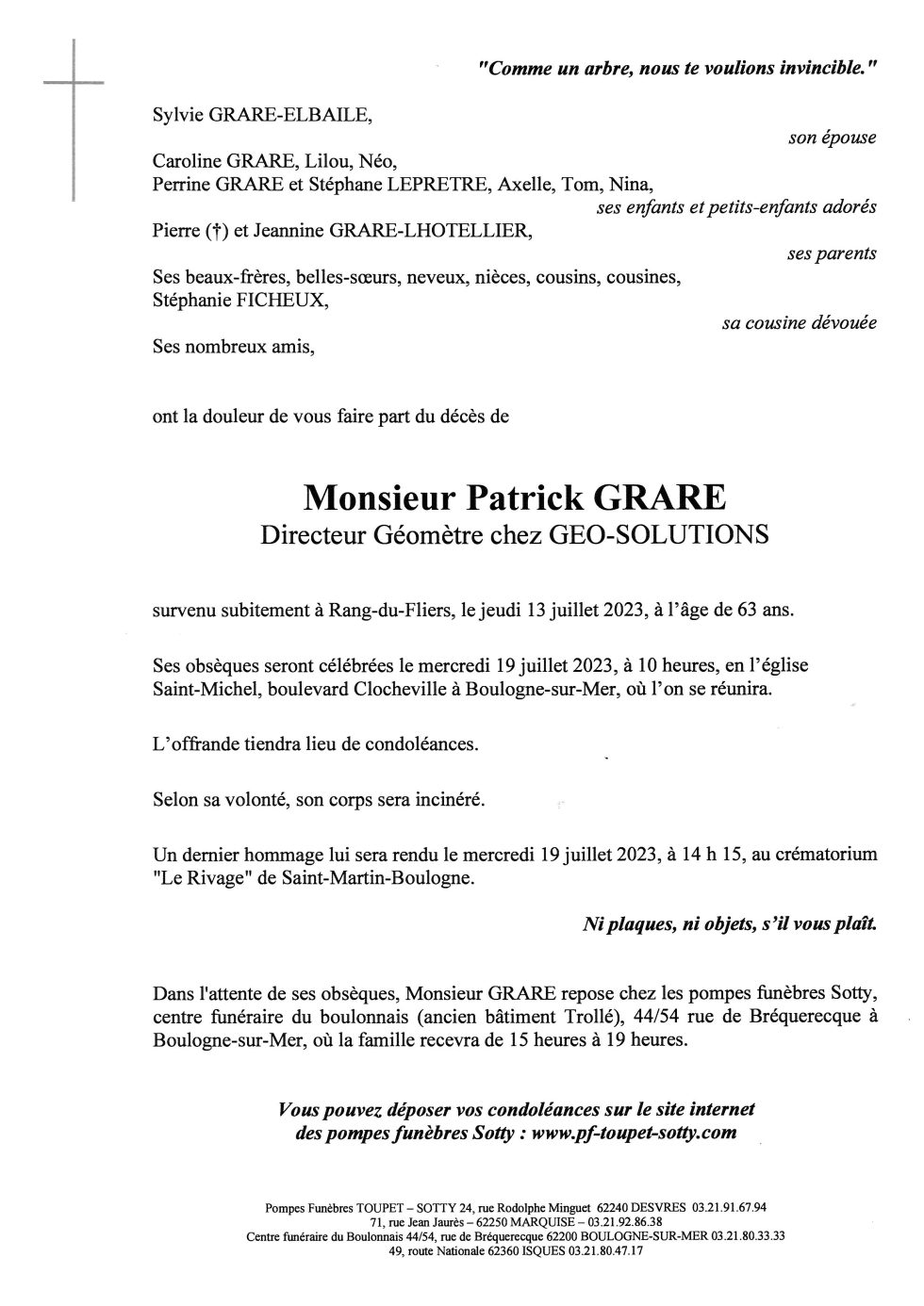 Monsieur Patrick GRARE - Pompes Funèbres Toupet-Sotty