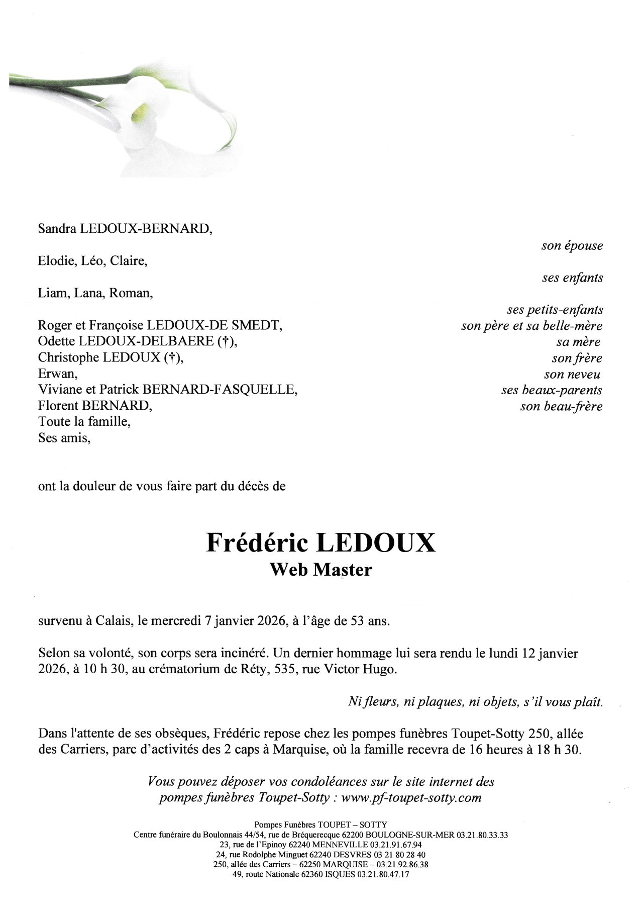 Frédéric LEDOUX - Pompes Funèbres Toupet-Sotty